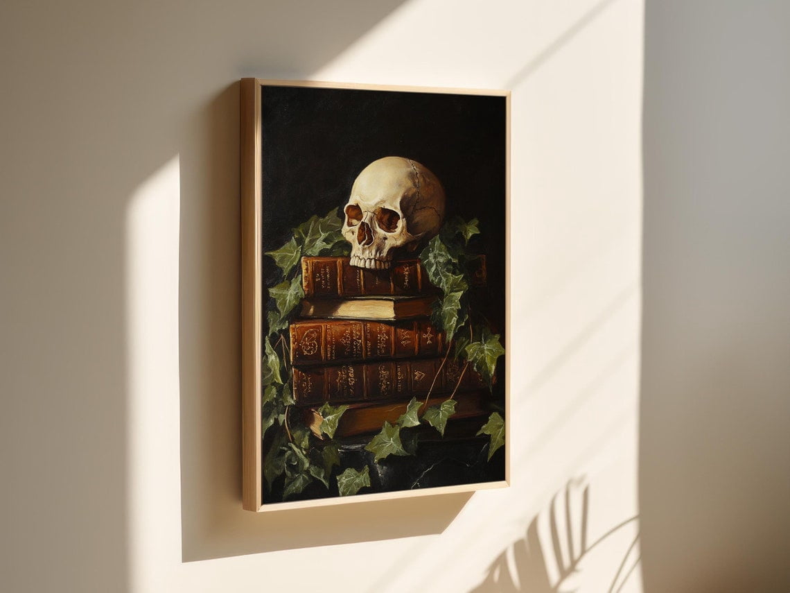 Dark Academia Skull - Gothic Still Life Art - Antique Books & Ivy ...