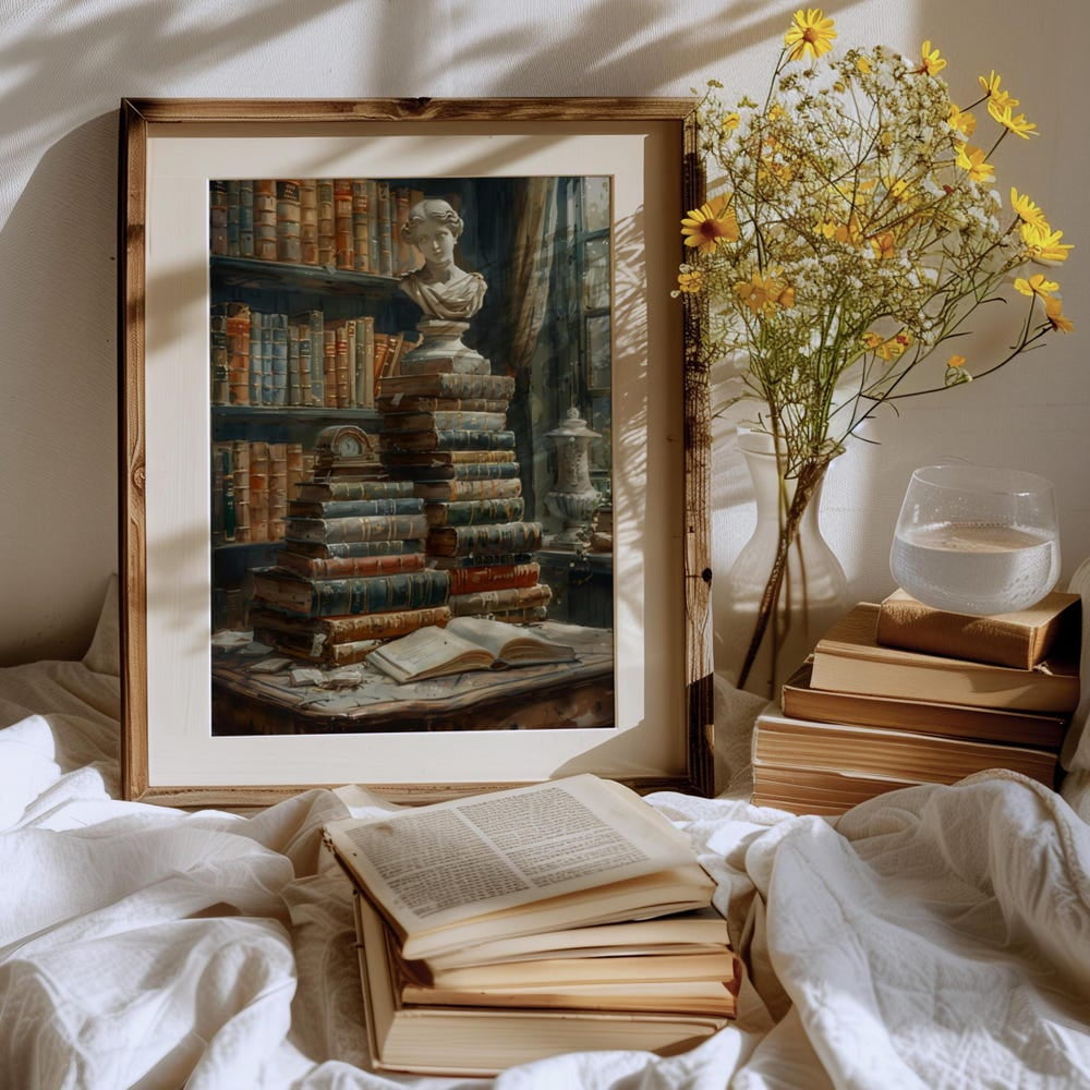 Dark Academia Stack Of Book Library Art Print Moody Enchanting ...