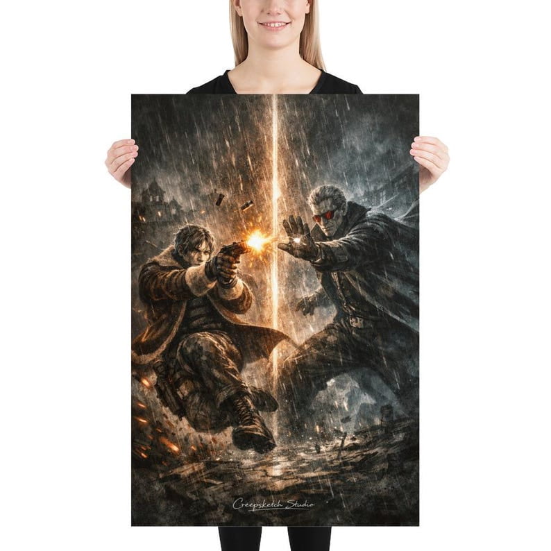 Dark Action Duel Hero vs Enemy Intense Battle Scene Dramatic Rain Style ...