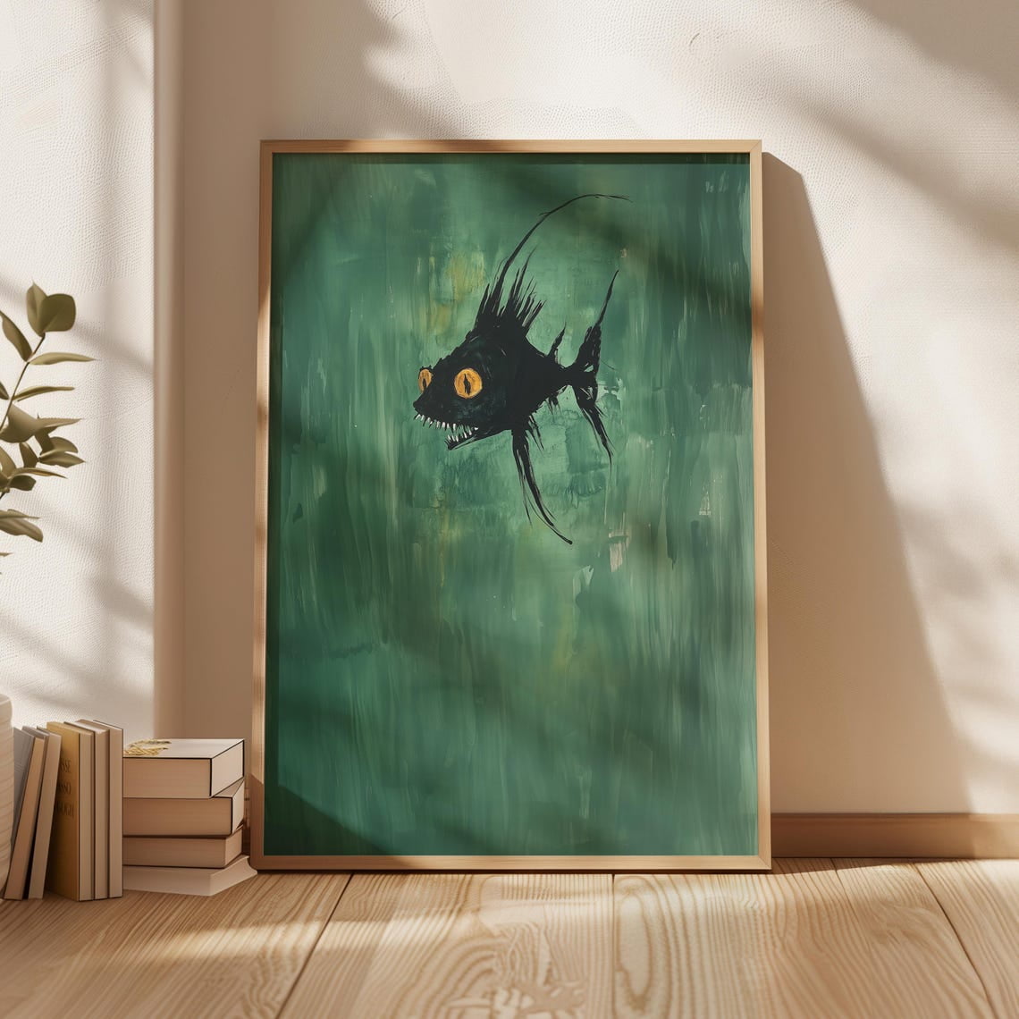 Dark Anglerfish Print, Creepy Deep Sea Creature Artwork, Eerie Green ...