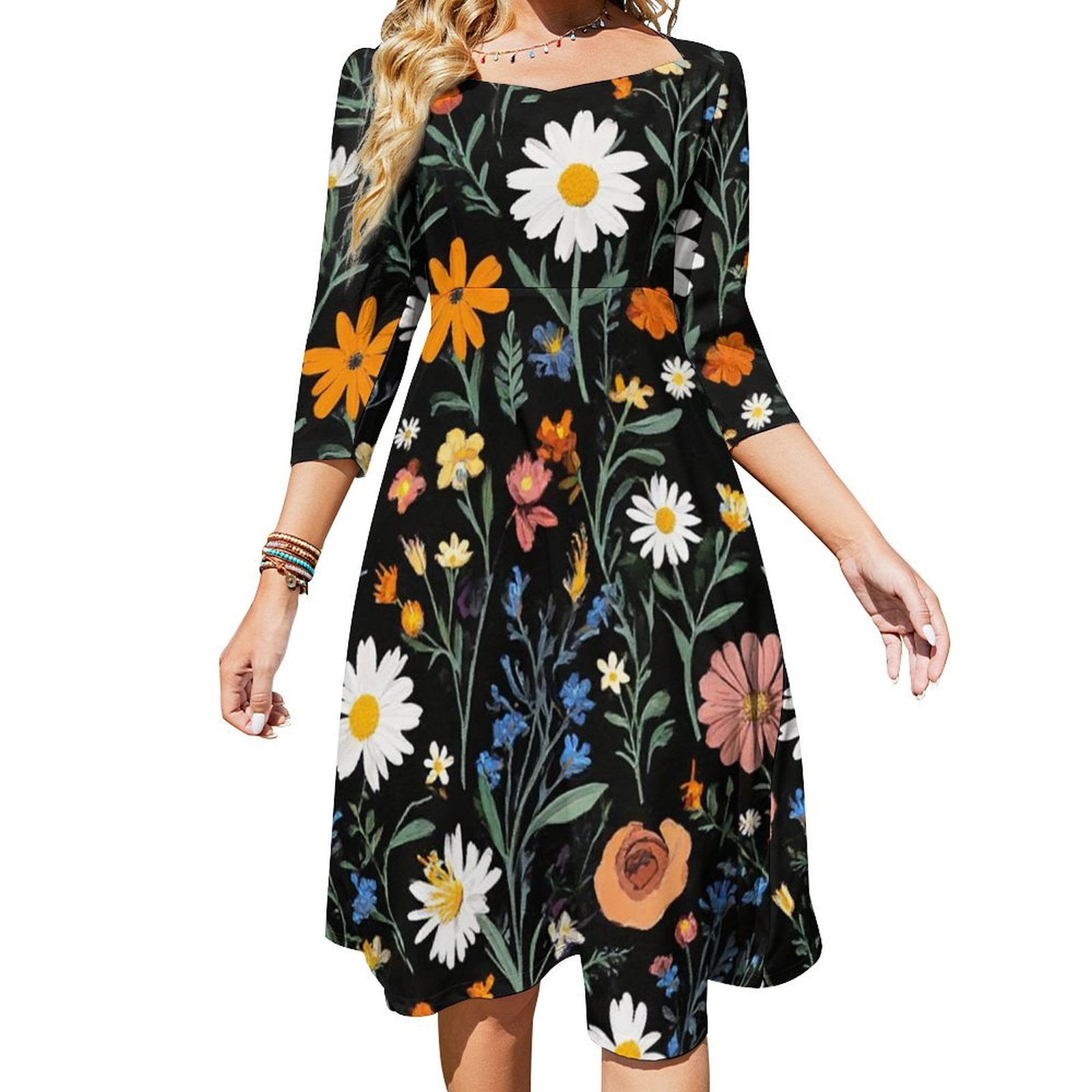 Dark Background Floral Pattern Design Womens Summer Dress Tie Back A ...