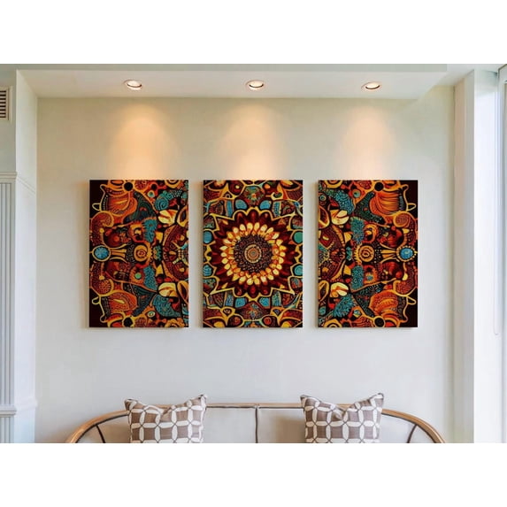 Dark Background Mandala Prints Set Of 3, Luminous Floral Boho Wall Art ...
