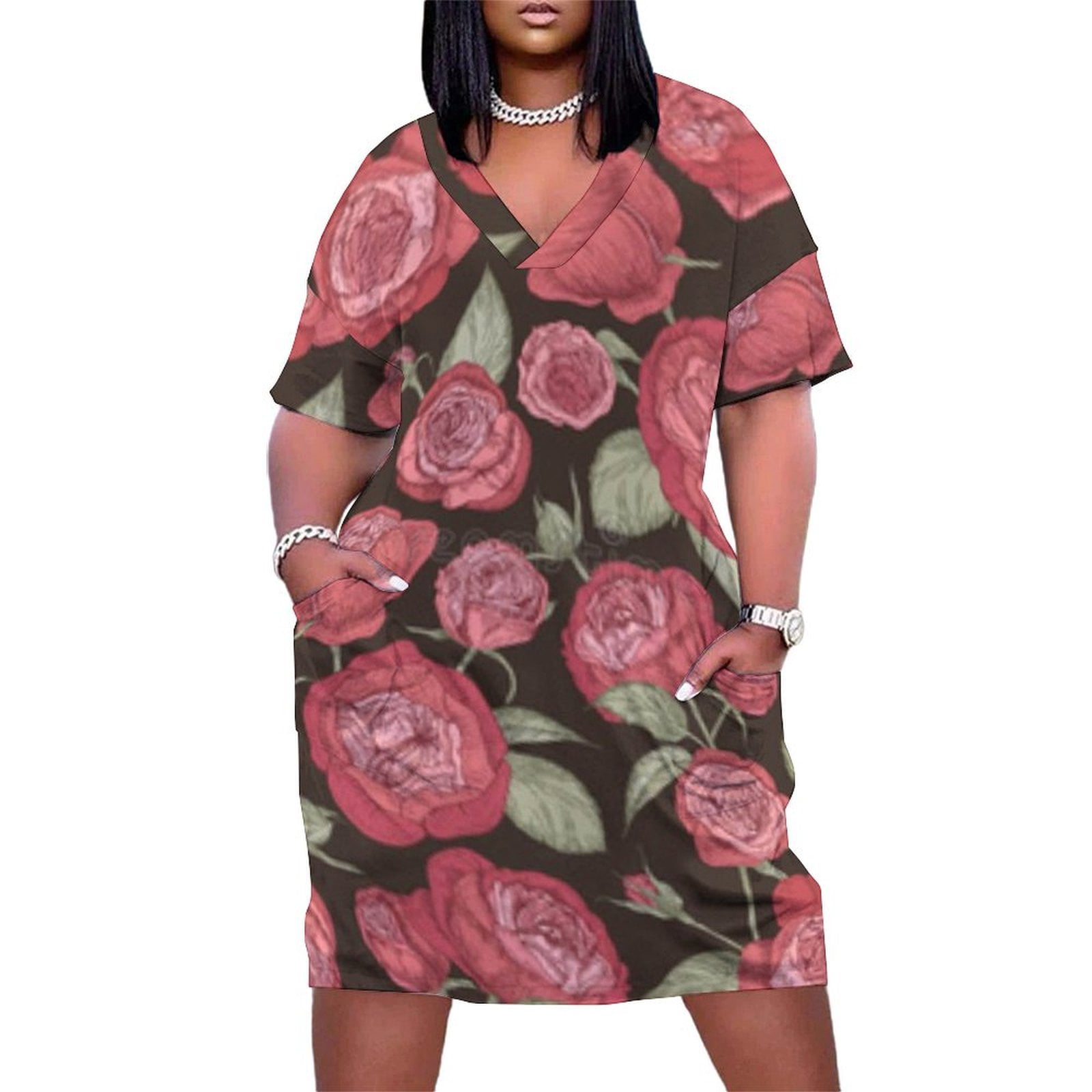 Dark Background Red Rose Pattern Summer Sundress for Curve Women Casual ...