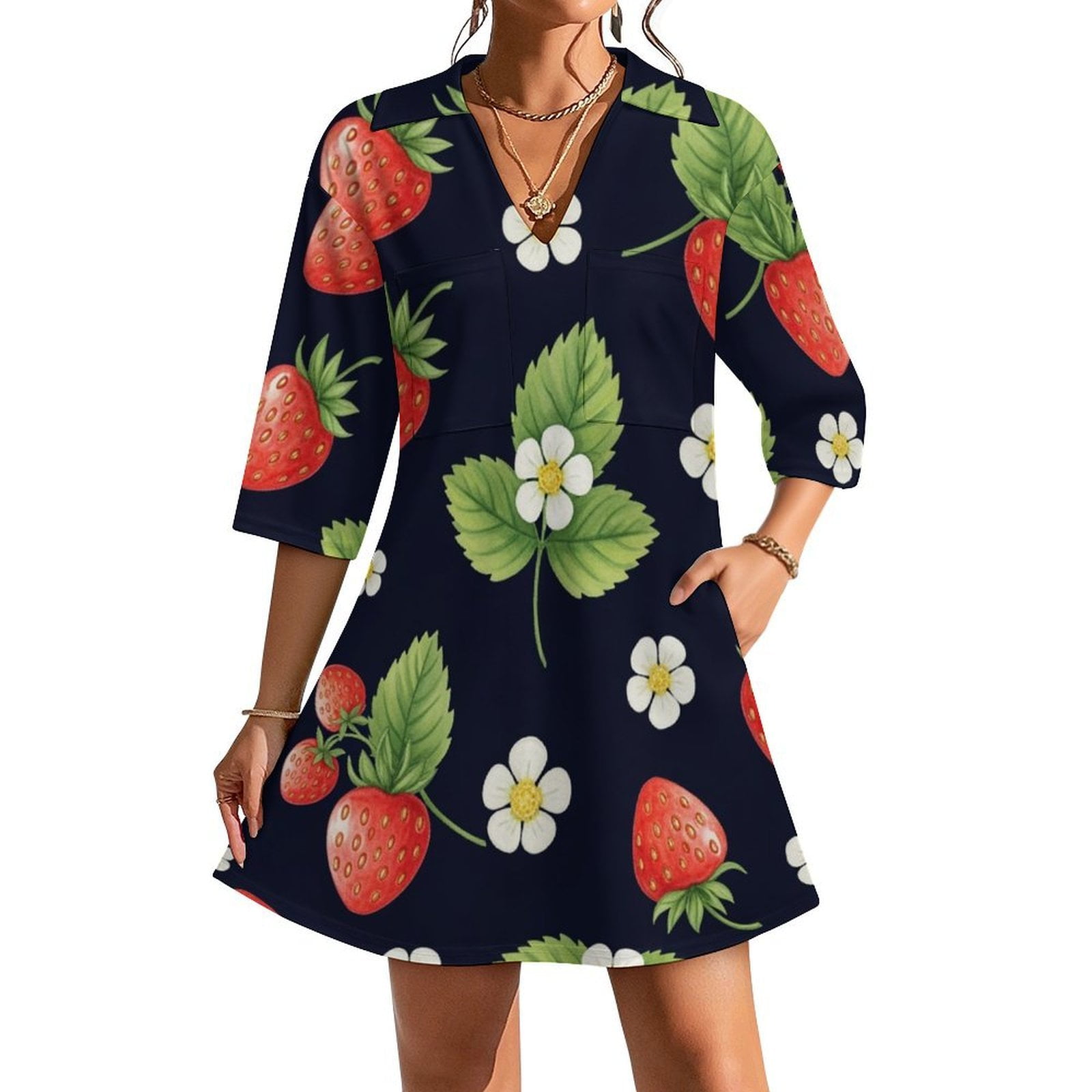 Dark Background Strawberry Floral Pattern Womens Dress With Pockets ...