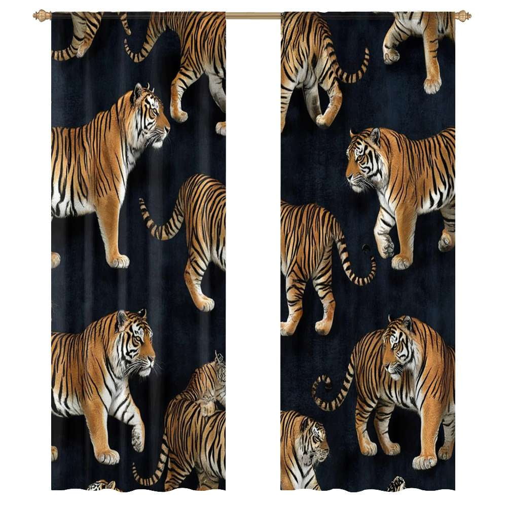 Dark Background Tiger Print Fabric Tulle Curtains For Living Room ...