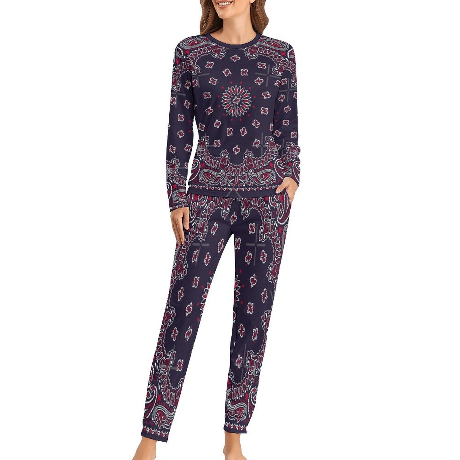 Dark Bandana Red Paisley Design Pajamas 2 Pieces Pajama Sets Woman Long ...