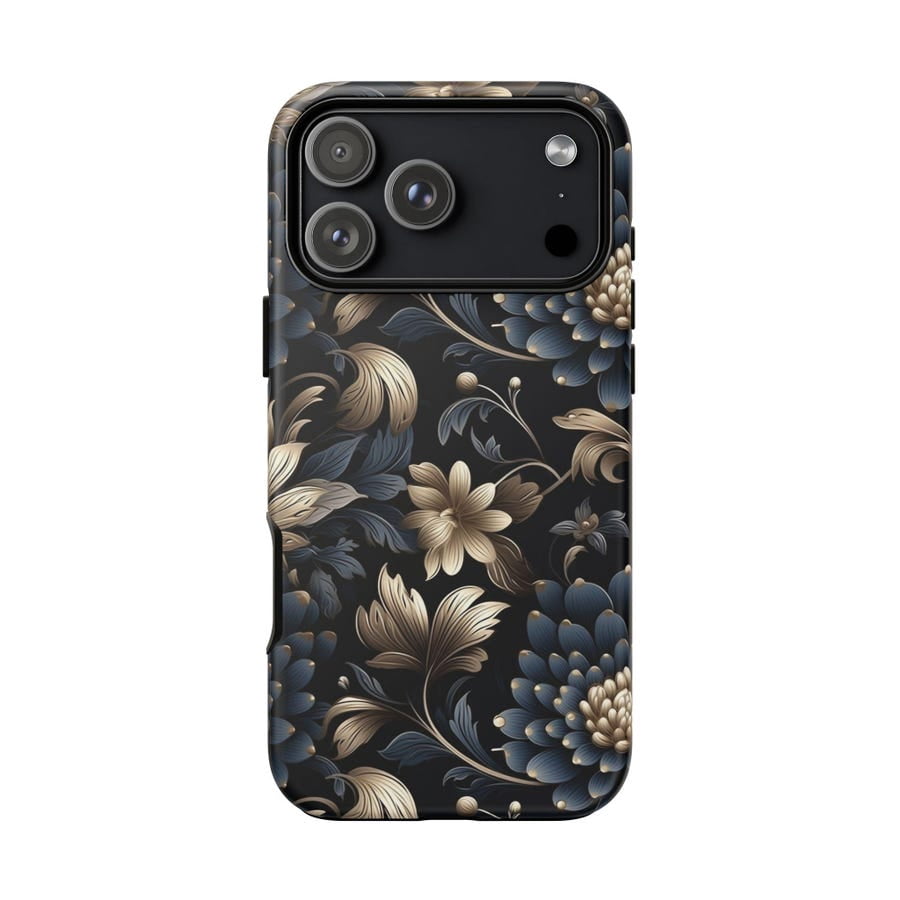 Dark Baroque Floral Navy Gold Case for iPhone 11 12 13 14 15 16 17 Pro ...