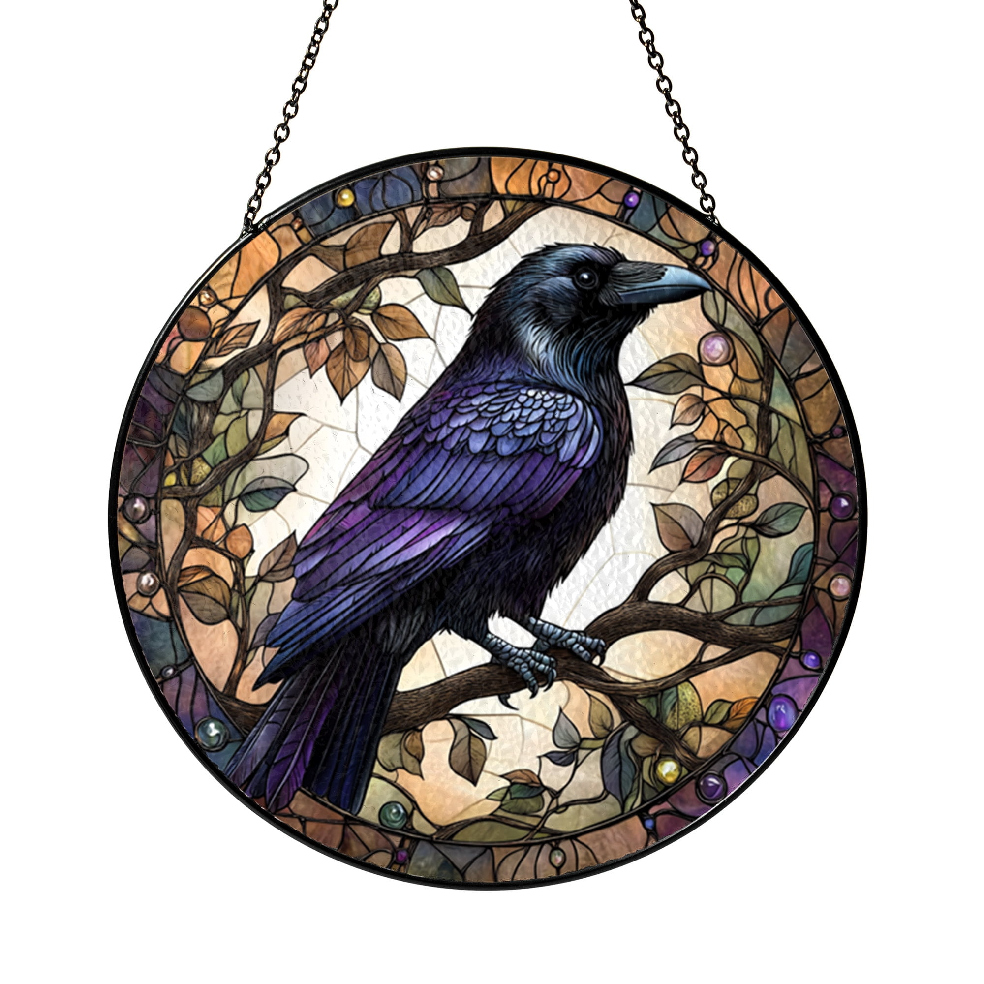 Dark Bird Stained Glass Panel – Blue and Autumn Leaf Circular Window ...