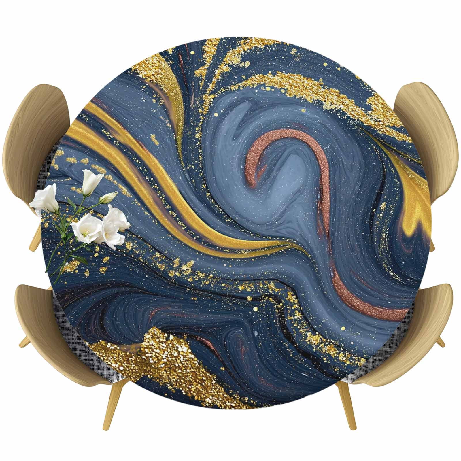 Dark Black Gold Marble Round Fitted Tablecloth with Elastic Edge ...
