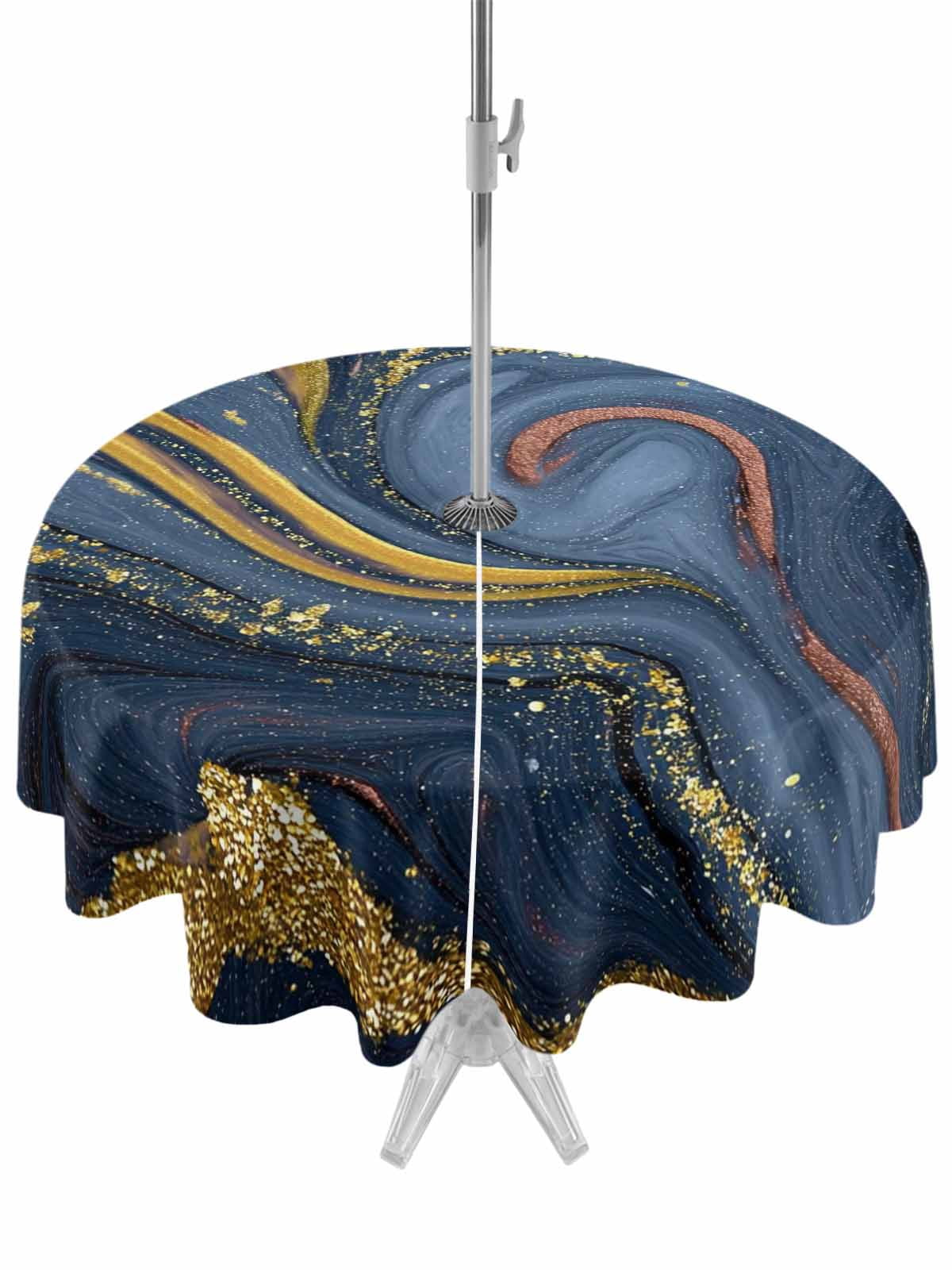 Dark Black Gold Marble Round Outdoor Tablecloth with Umbrella Hole ...