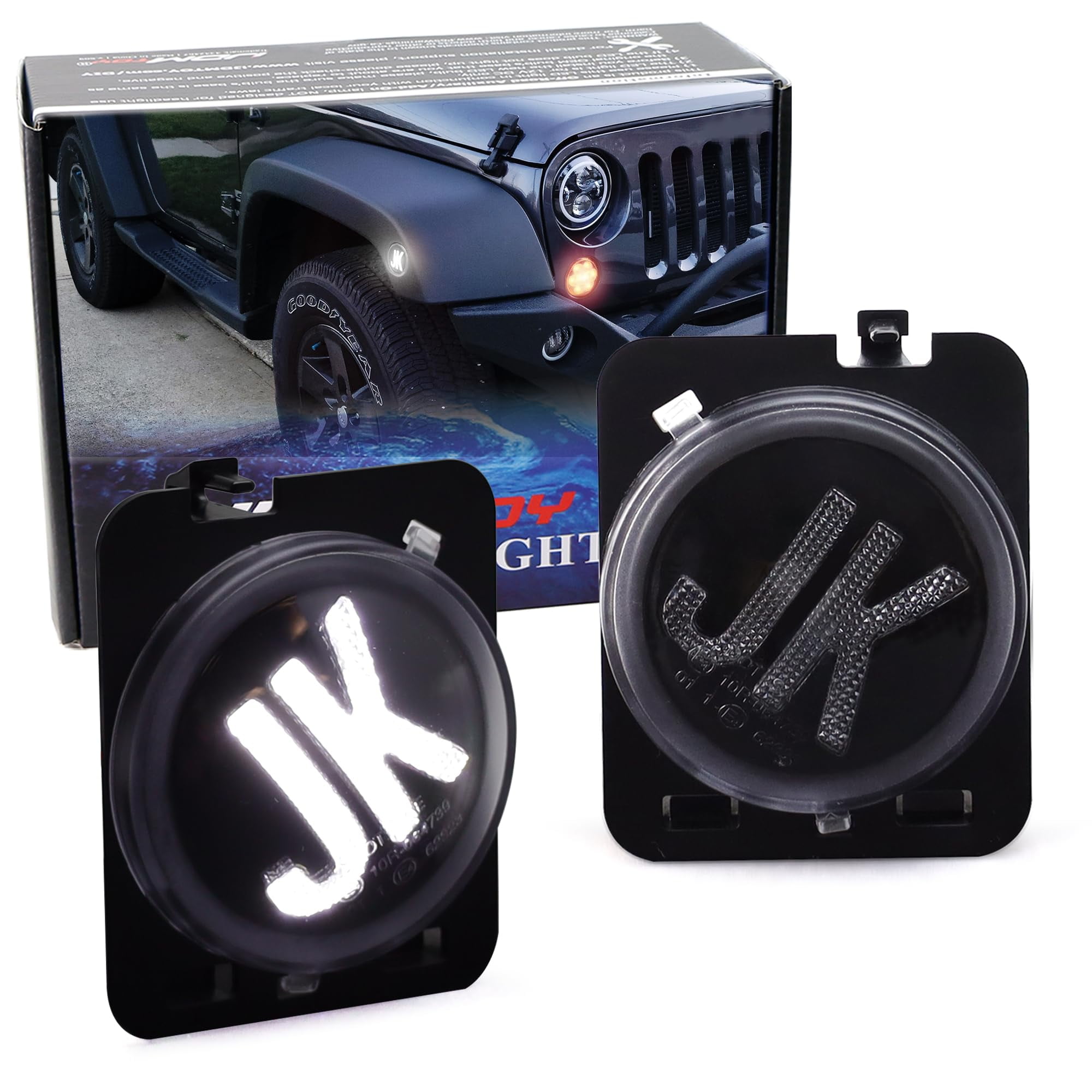 Dark Black-Out Lens & White "JK" Lettering Full LED Front Fender Flare ...