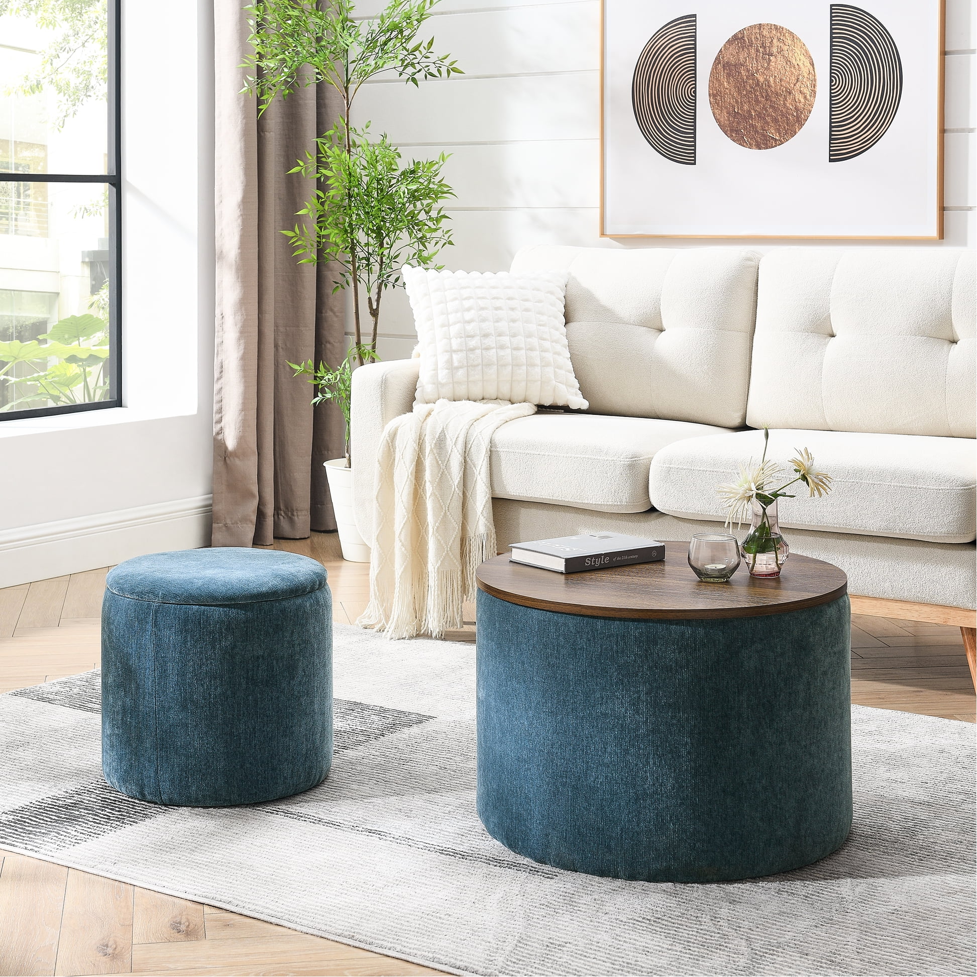 Dark Blue 23.62"x23.62"x16.53" Chenille Storage - 2 With Drum Stool ...