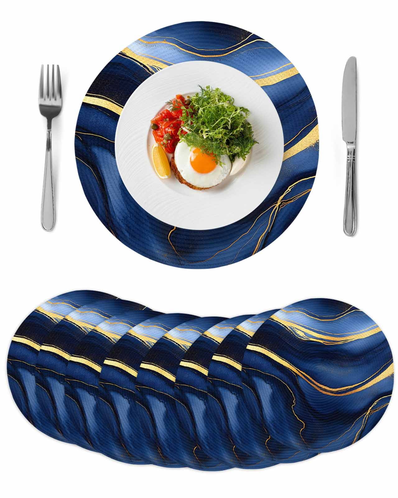 Dark Blue Abstract Marble Texture Round Table Placemats set of 8, Gold ...