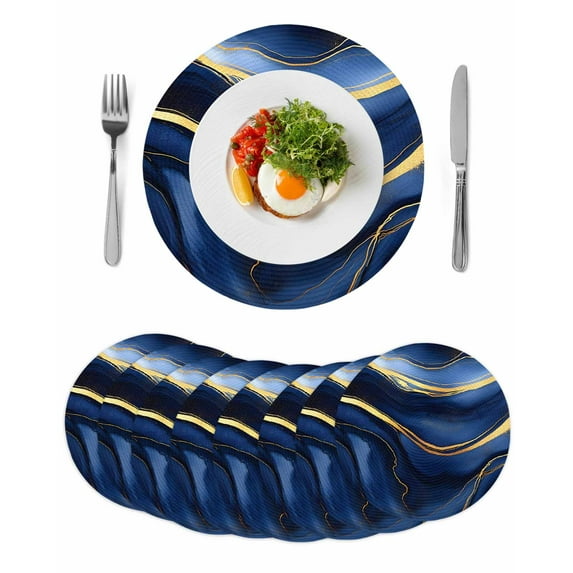 Dark Blue Abstract Marble Texture Round Table Placemats set of 8, Gold ...