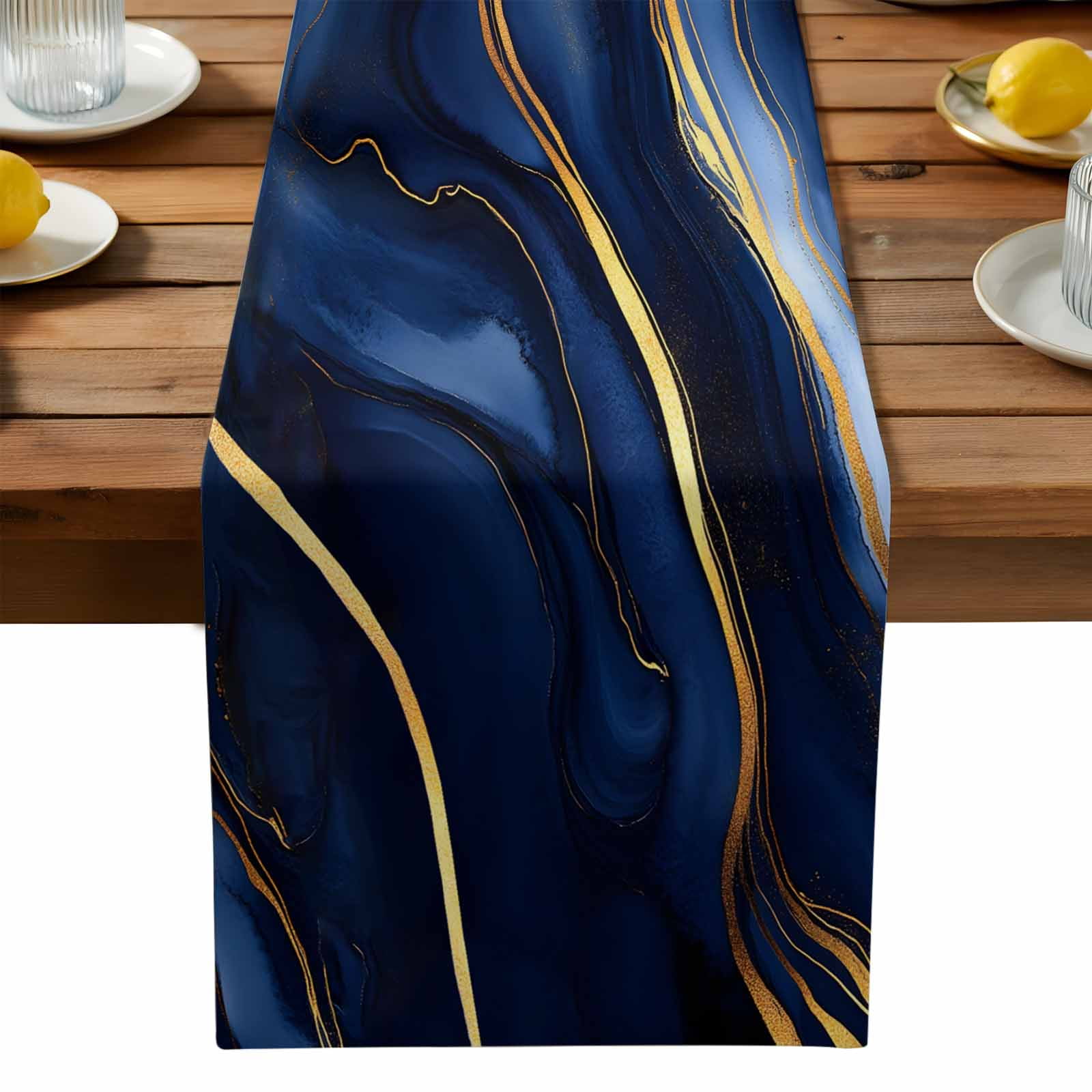 Dark Blue Abstract Marble Texture Table Runner, Gold Fluid Art Lines ...