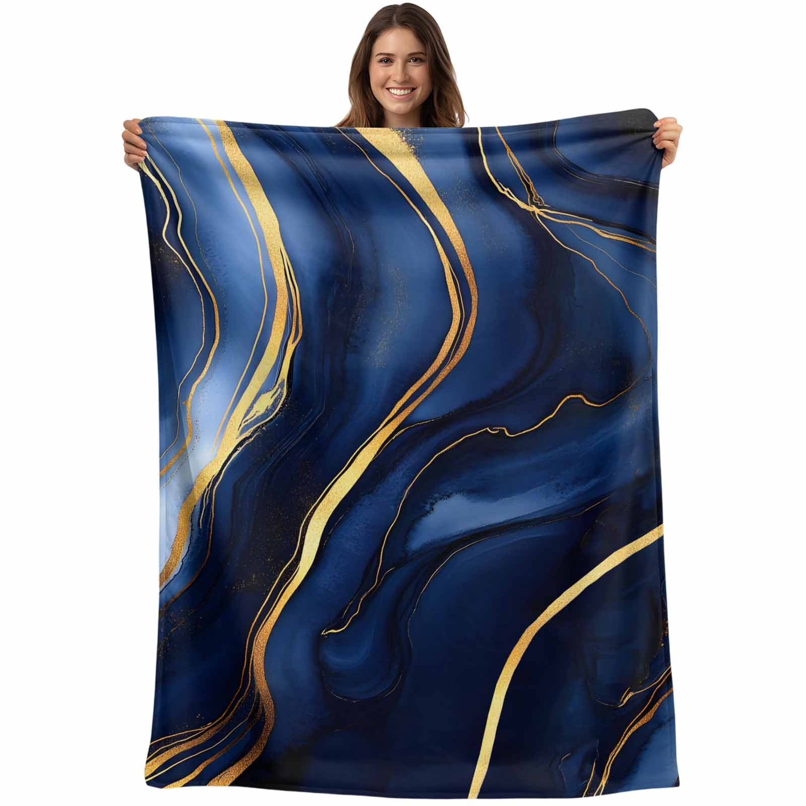 Dark Blue Abstract Marble Texture Throw Blankets, Gold Fluid Art Lines ...