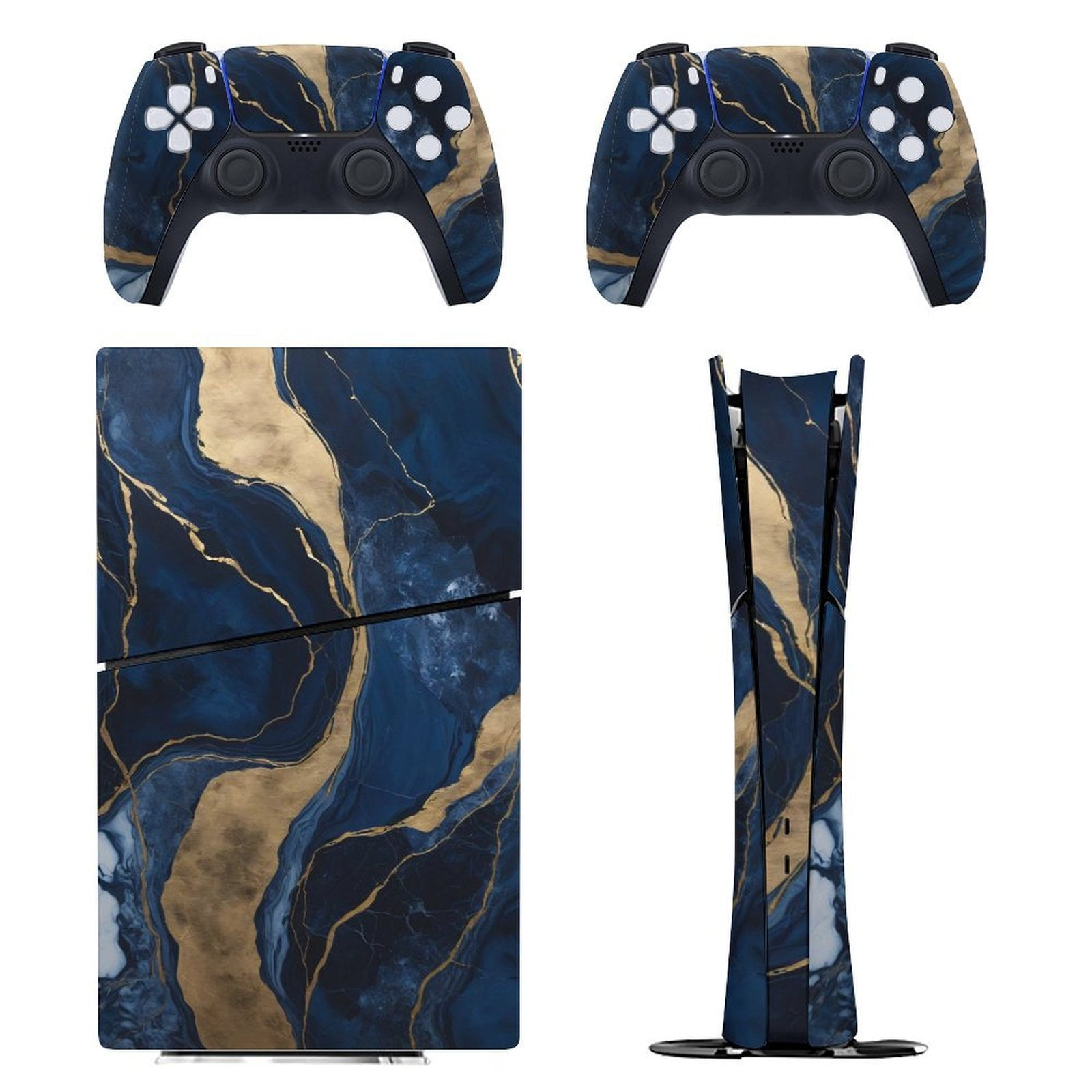 Dark Blue And Gold Tones Console Skin Bundle for PS5 Pro Slim Disc & Digital / PS4 – Full Wrap ...