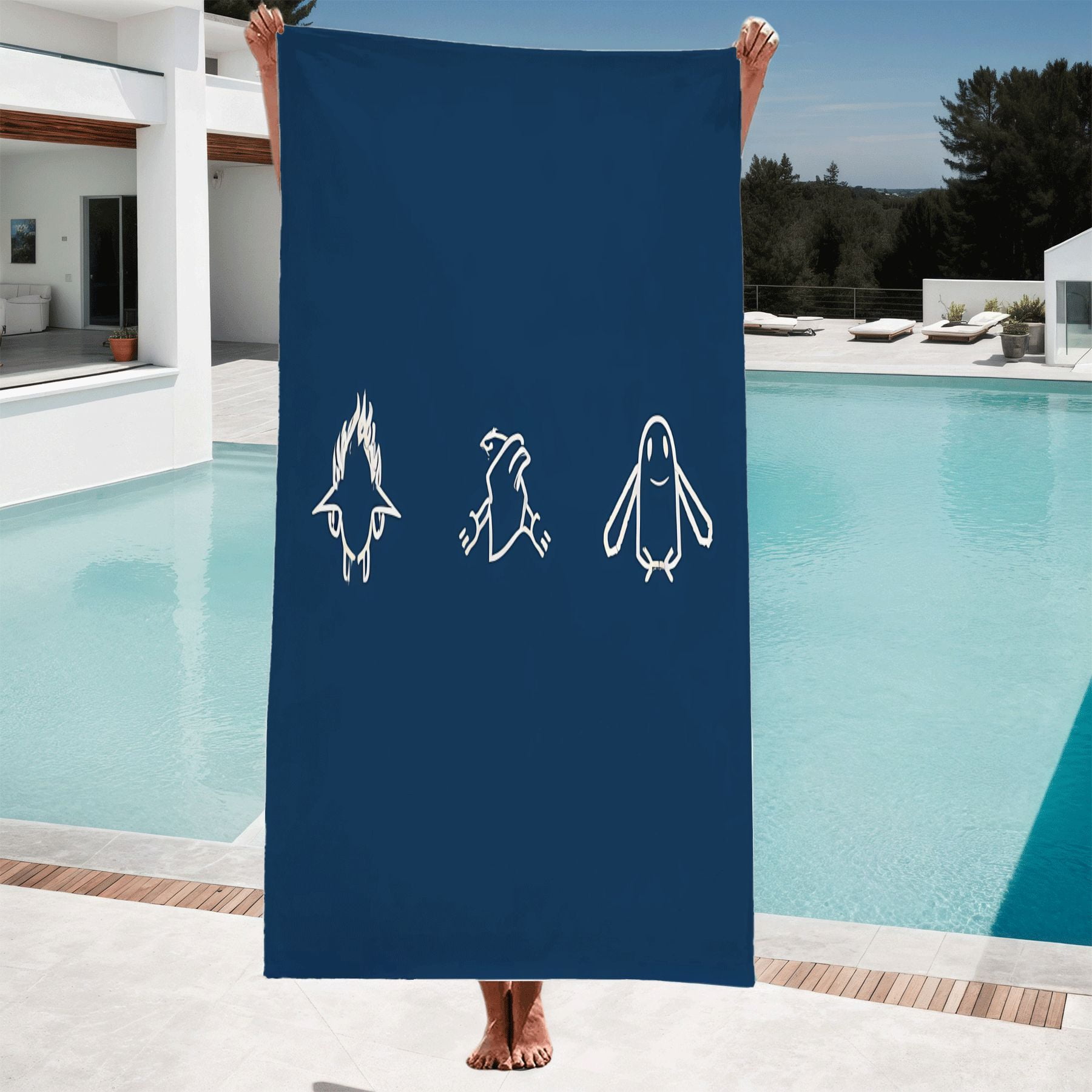 Dark Blue Animal Line Art Towel - Bird Rabbit Penguin Design - Perfect ...