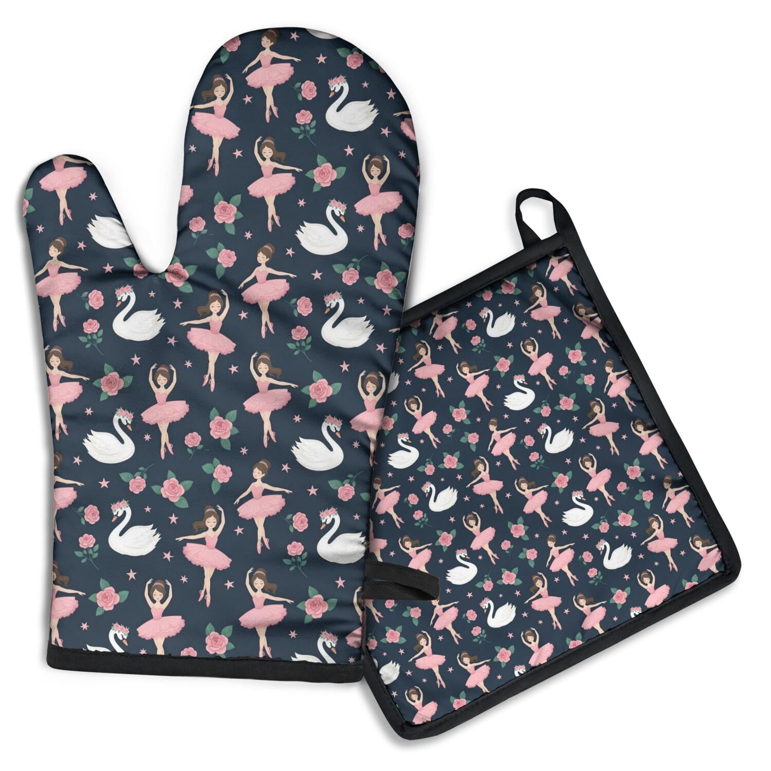 Dark Blue Ballerina Swan Pattern Kitchen Oven Mitt and Pot Holder Sets ...