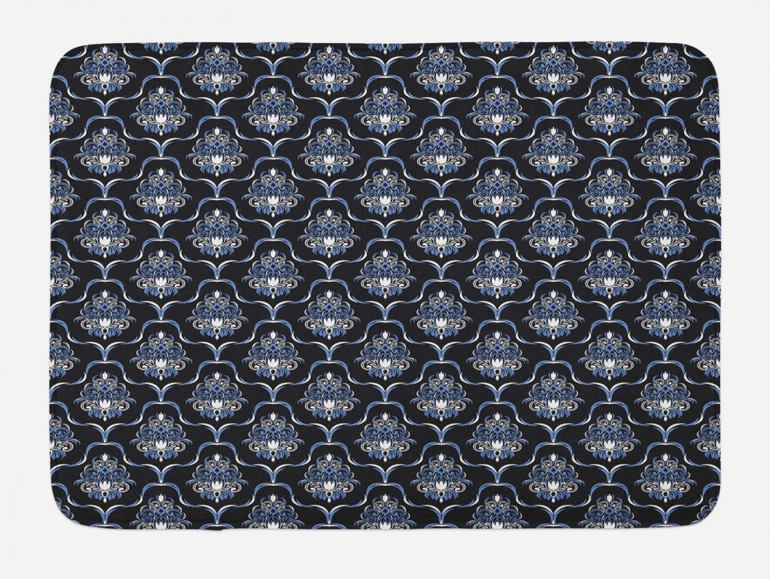 Dark Blue Bath Mat, Vintage Royal Damask Motifs Swirls Curvy Tile ...