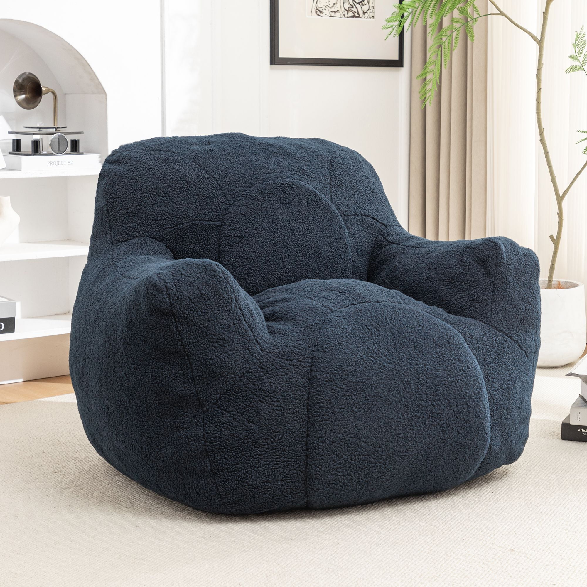 Dark Blue Bean Bag Chair with Filler - Extra Large Fluffy Memory Foam Bean Bag Sofa, Tufted Faux ...