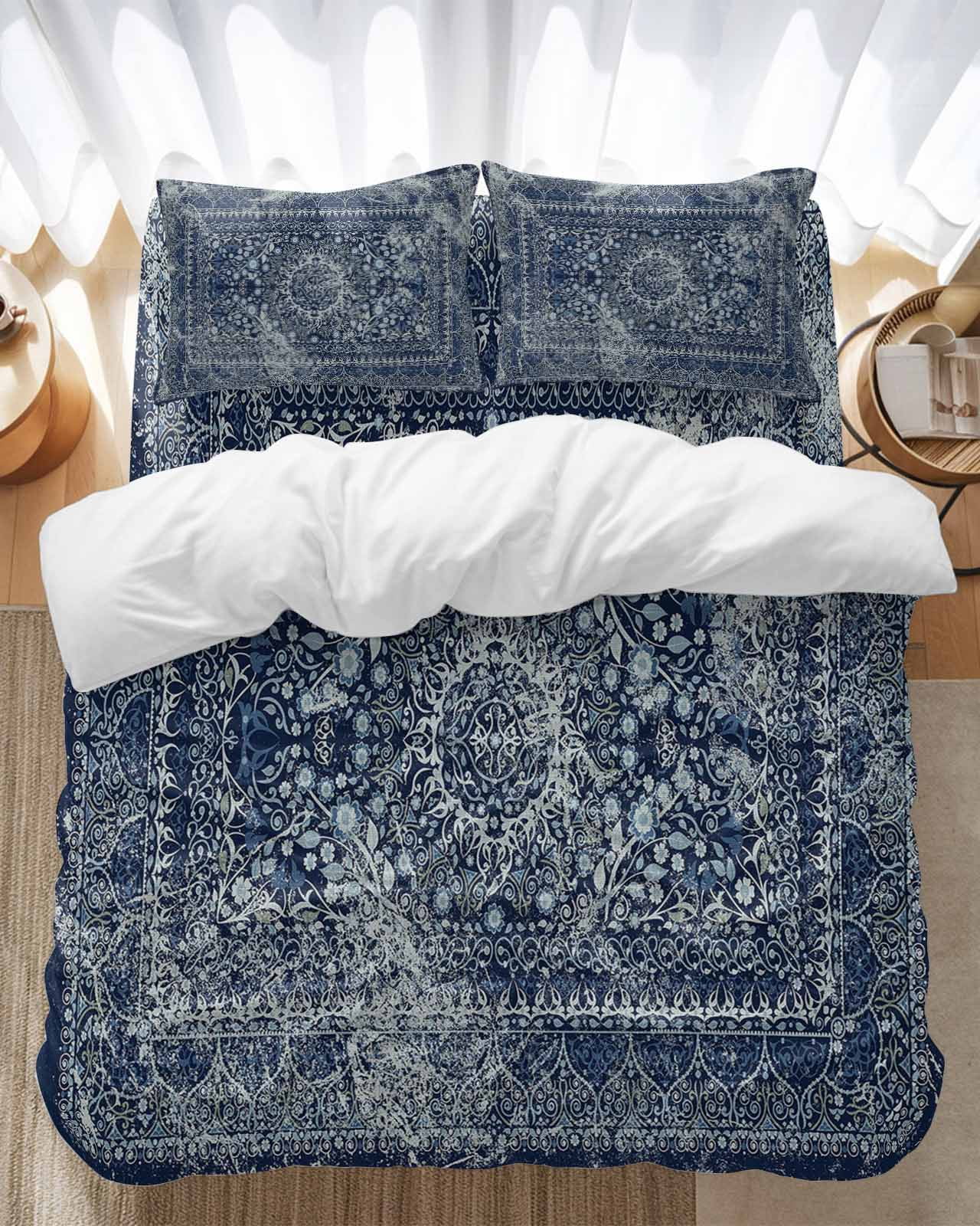 Dark Blue Bedding Duvet Cover Set Queen Size 4 Pieces Medieval Ethnic ...