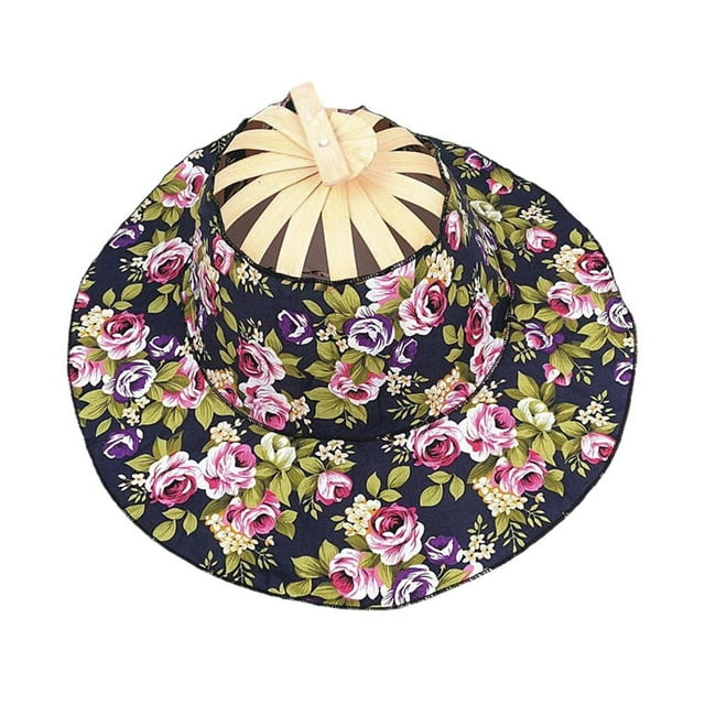 Dark Blue Big Flower Bbamboo Fan Hat Foldable Portable Versatile Beach ...