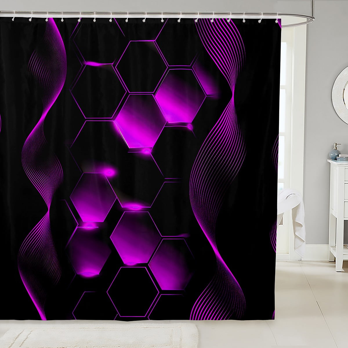 Dark Blue Black Geometry Bathroom Shower Curtain,Geometric Honeycomb Hexagonal Striped Shower ...