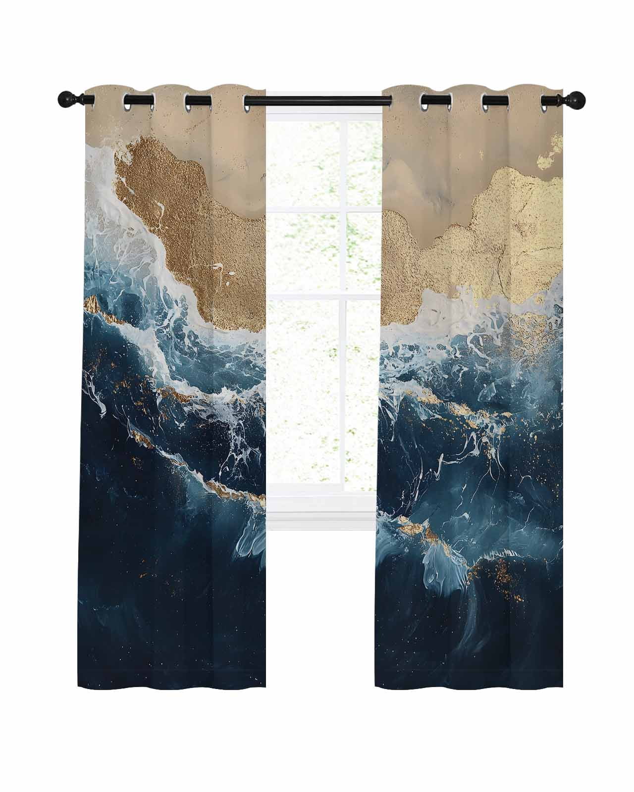 Dark Blue Blackout Curtains for Bedroom Living Room, Gold Ocean Wave ...