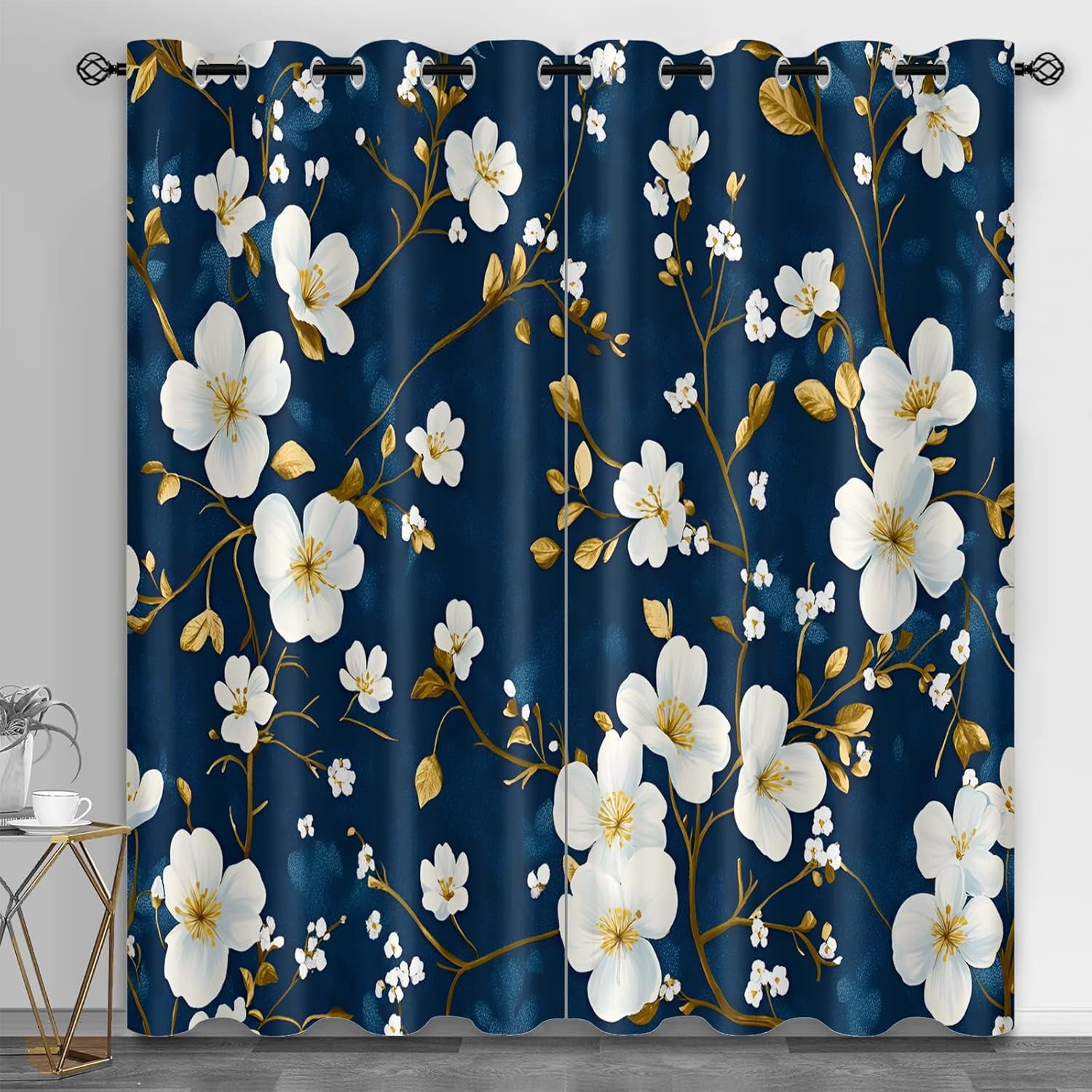 Dark Blue Blackout Curtains Vintage Flower Pattern Drapes , Boho Floral ...