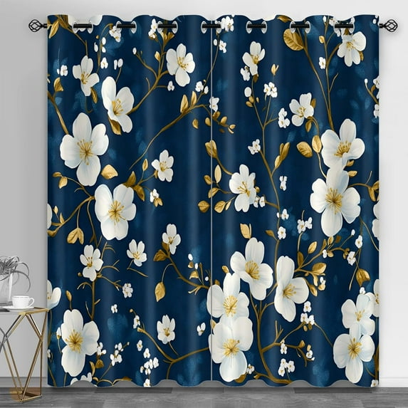 Dark Blue Blackout Curtains Vintage Flower Pattern Drapes , Boho Floral ...