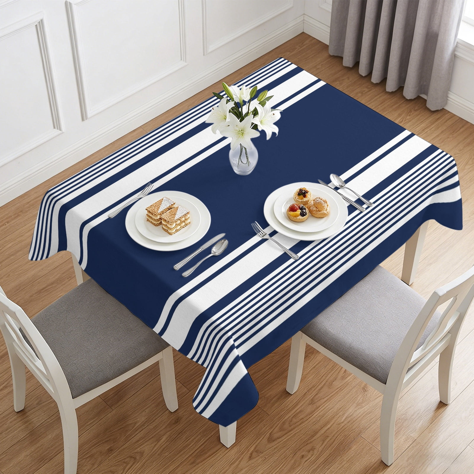 Dark Blue Block Nautical Stripe Table Cloth 60x84in, Waterproof ...
