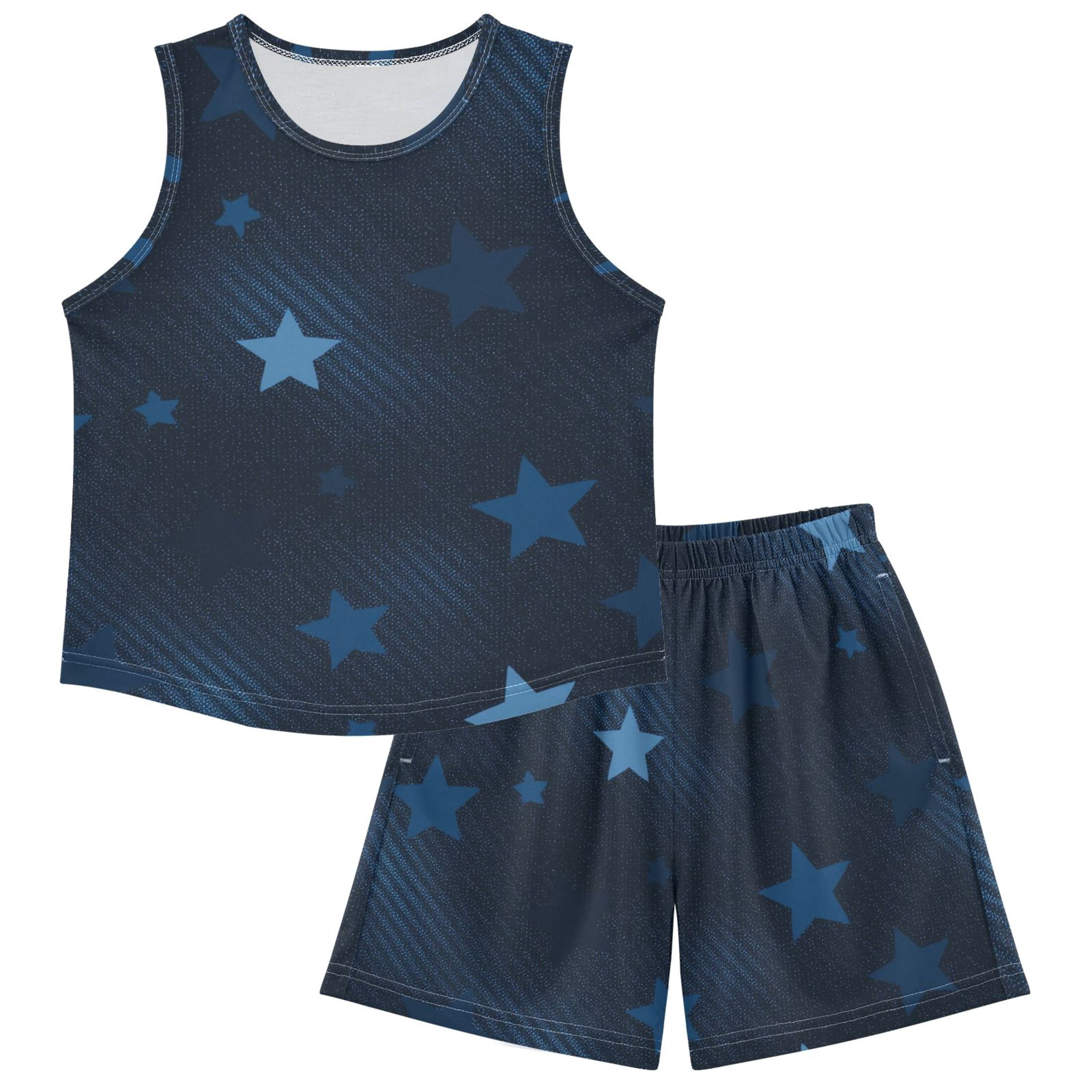 Dark Blue Brushstroke with Stars Pajamas Set Sleeveless Sleepwear Tank ...