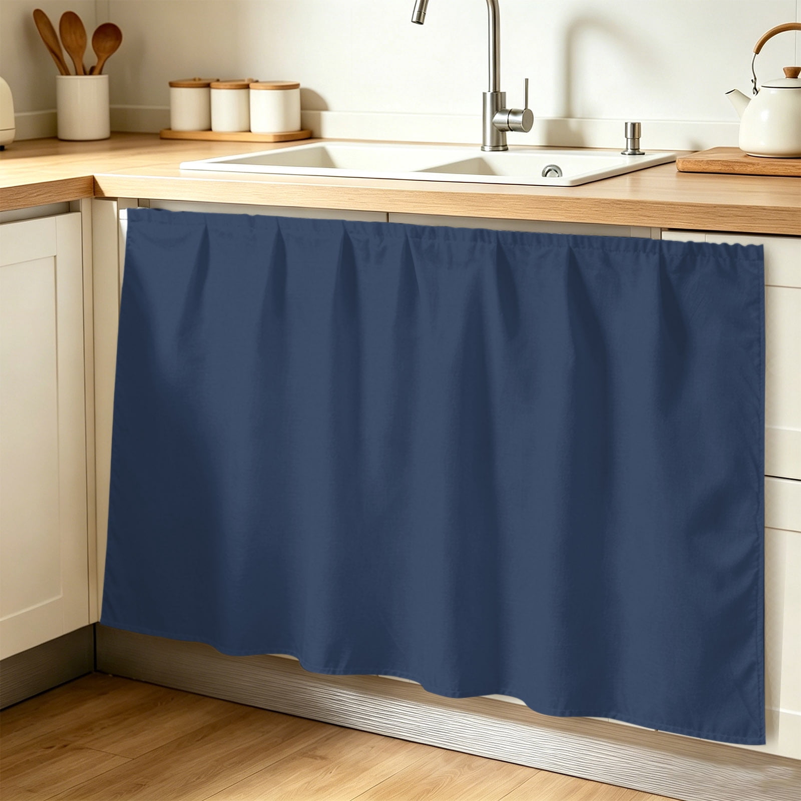 Dark Blue Cabinet Curtain, Modern Solid Color Sink Skirt for Bathroom ...
