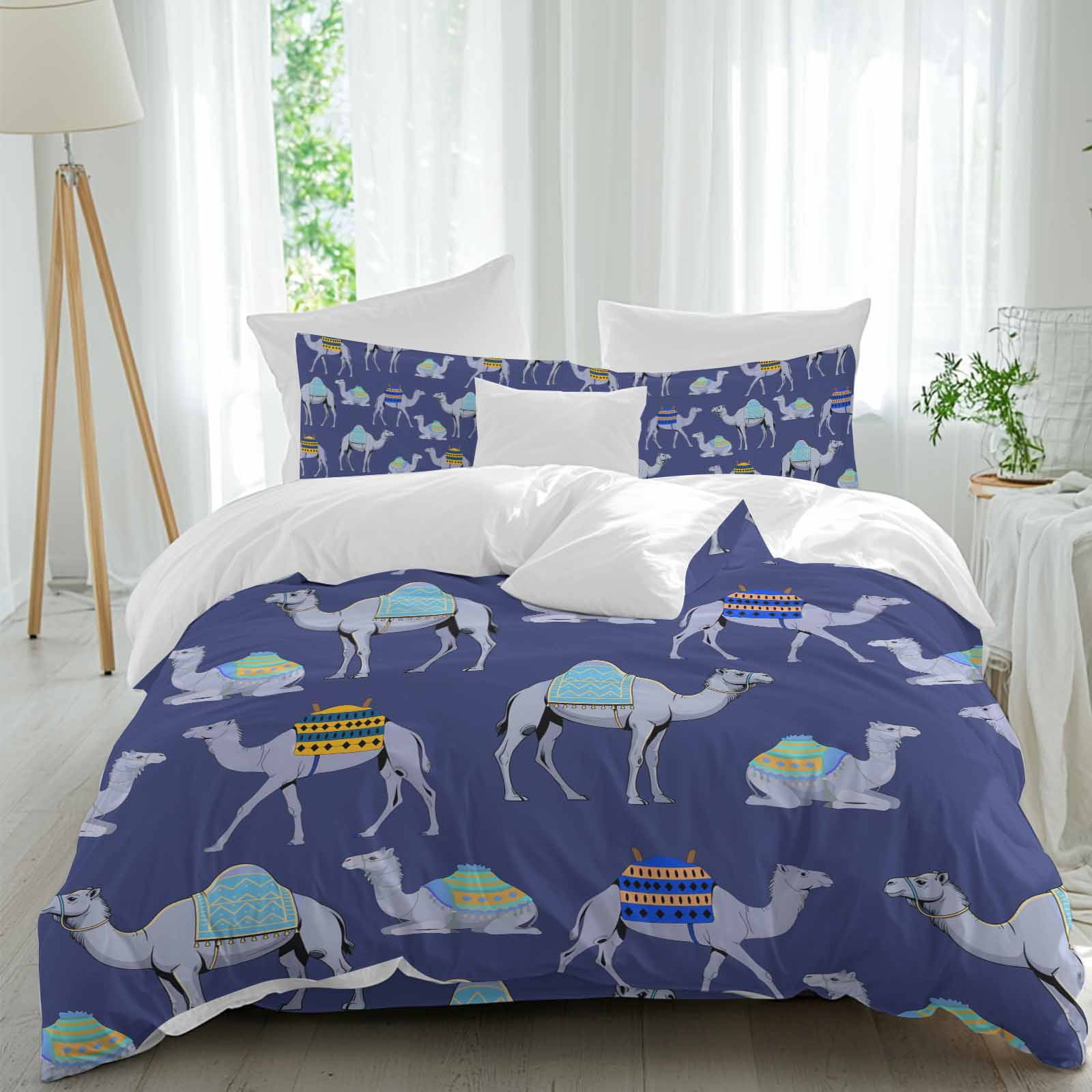Dark Blue Camel Duvet Cover Set Full Size, Exotic Cute Cartoon Camels ...