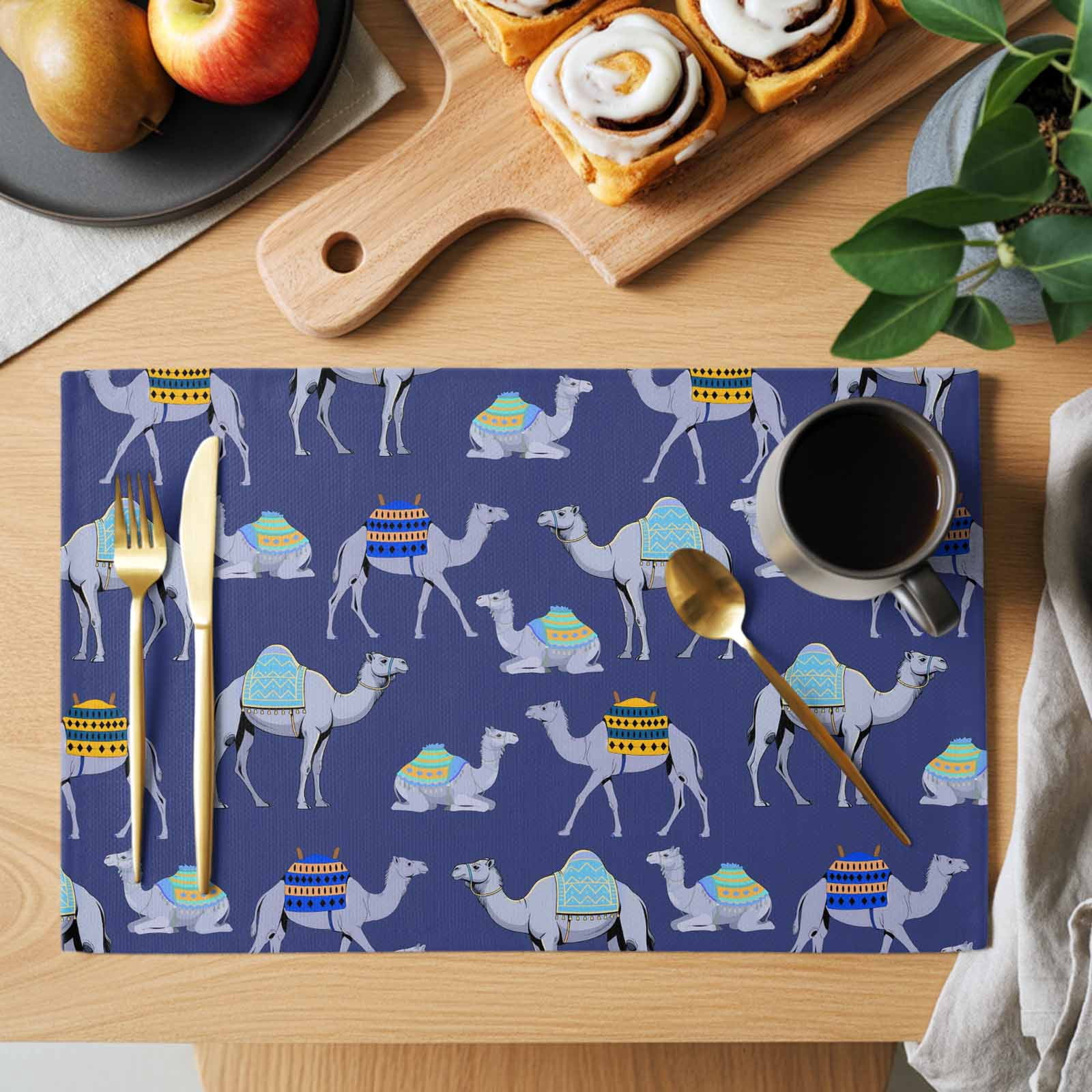 Dark Blue Camel Placemats Set of 12, Exotic Cute Cartoon Camels Wild ...