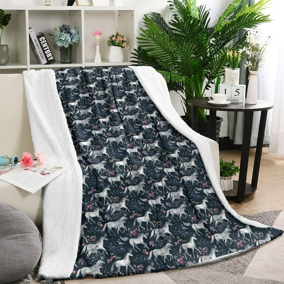 Dark Blue Cartoon Horse Flower Pattern Blanket,Comfortable Soft Flannel ...