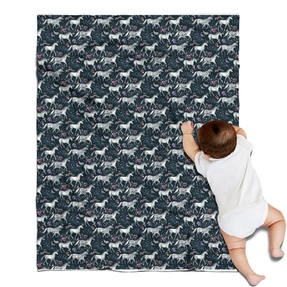 Dark Blue Cartoon Horse Flower Pattern Blanket,Comfortable Soft Flannel ...