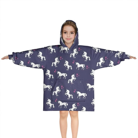 Dark Blue Cartoon Unicorn Heart Pattern Blanket Hoodies for Kids 6-13YR ...