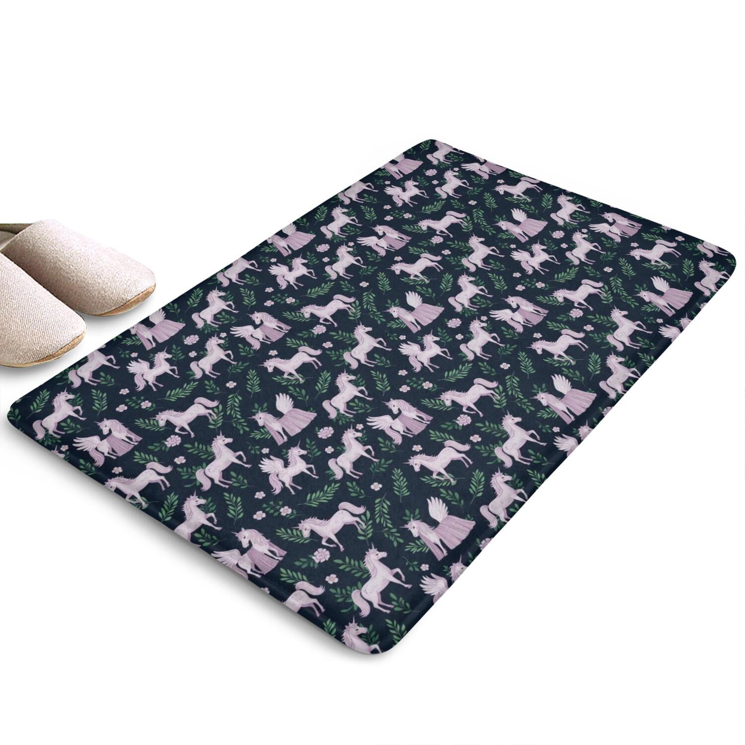 Dark Blue Cartoon Unicorn Leaf Flannel Non Slip Door Rugs,Washable Door ...
