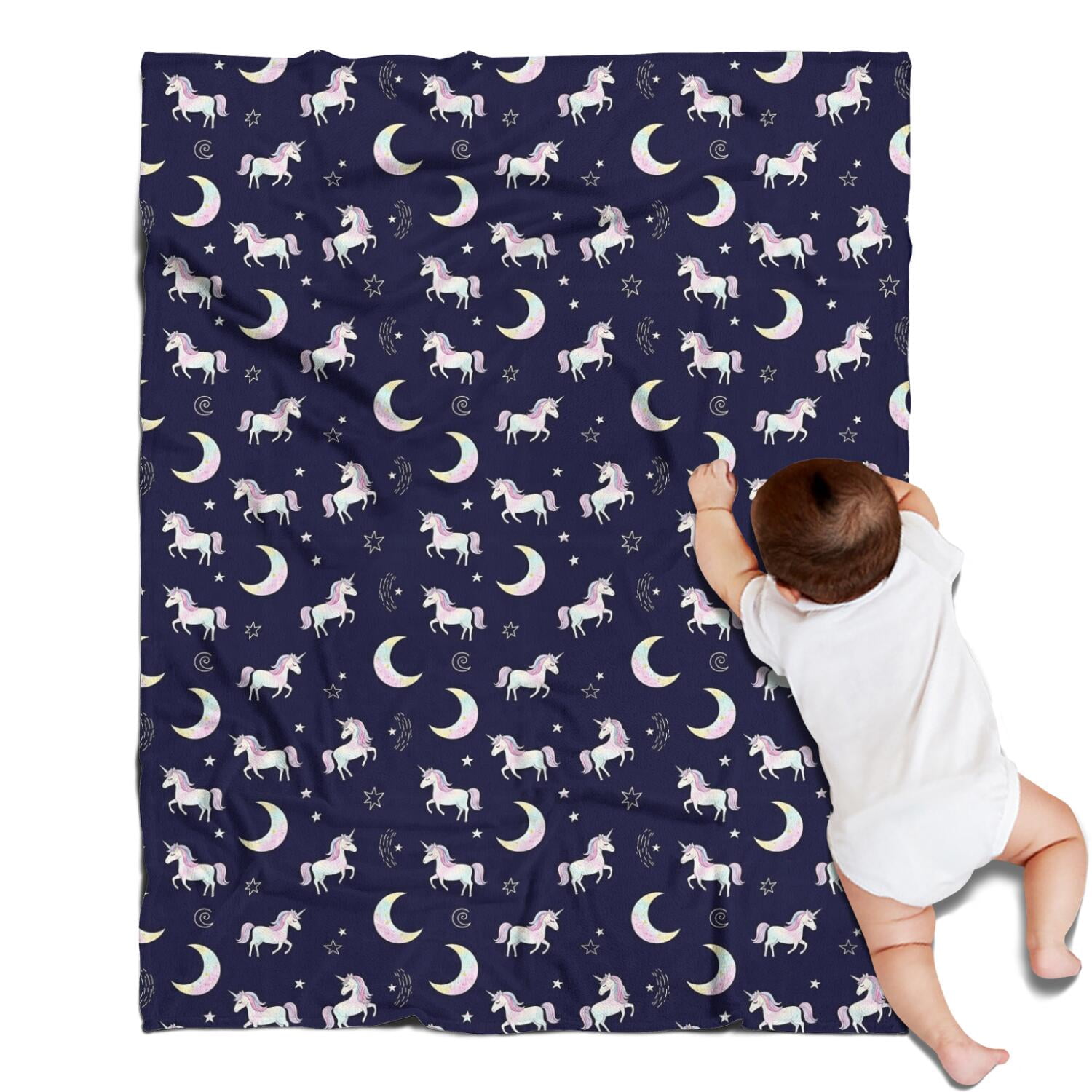 Dark Blue Cartoon Unicorn Moon Star Pattern Blanket,Comfortable Soft ...
