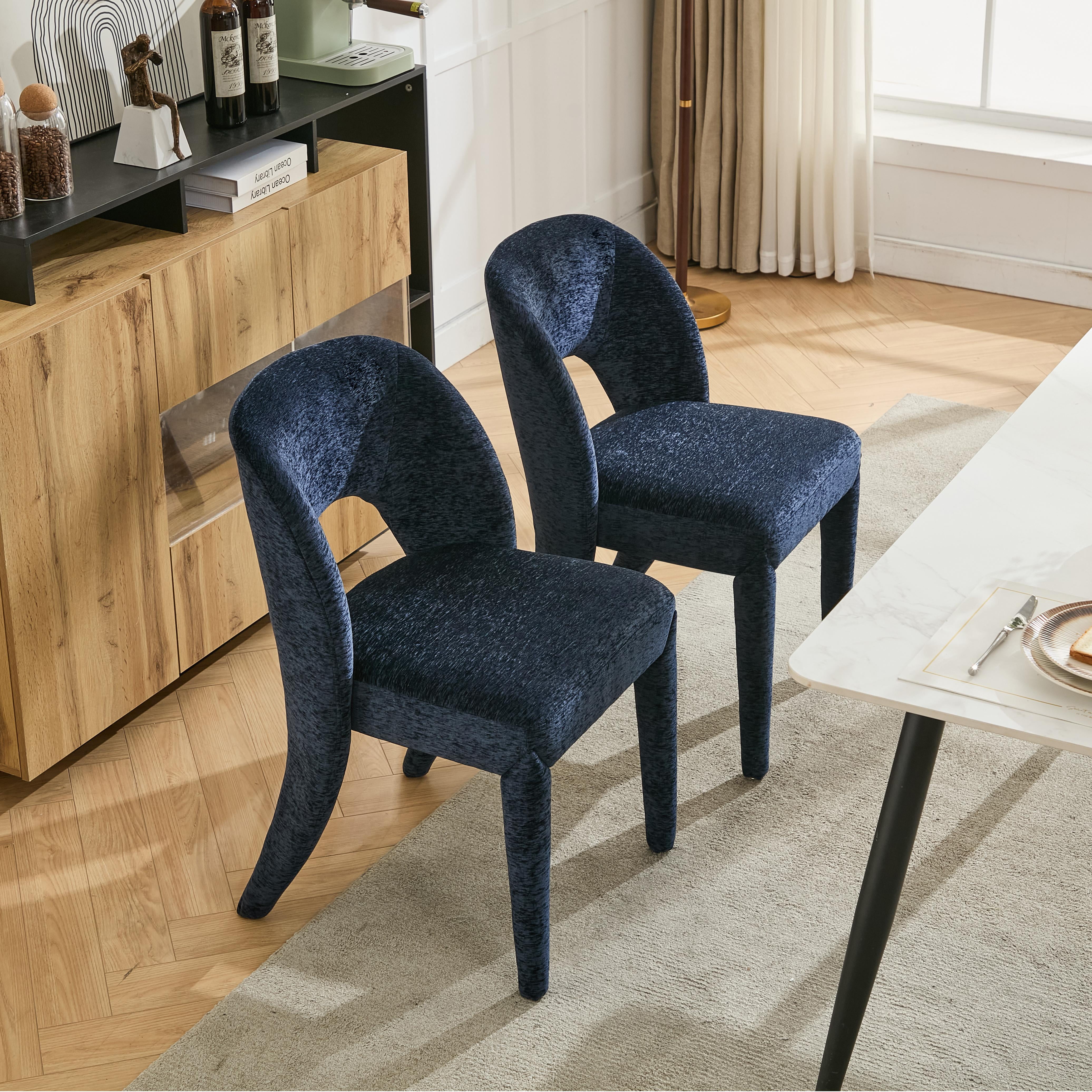 Dark Blue Chenille Dining Chairs (Set of 2), Hollowed - out Backrest ...