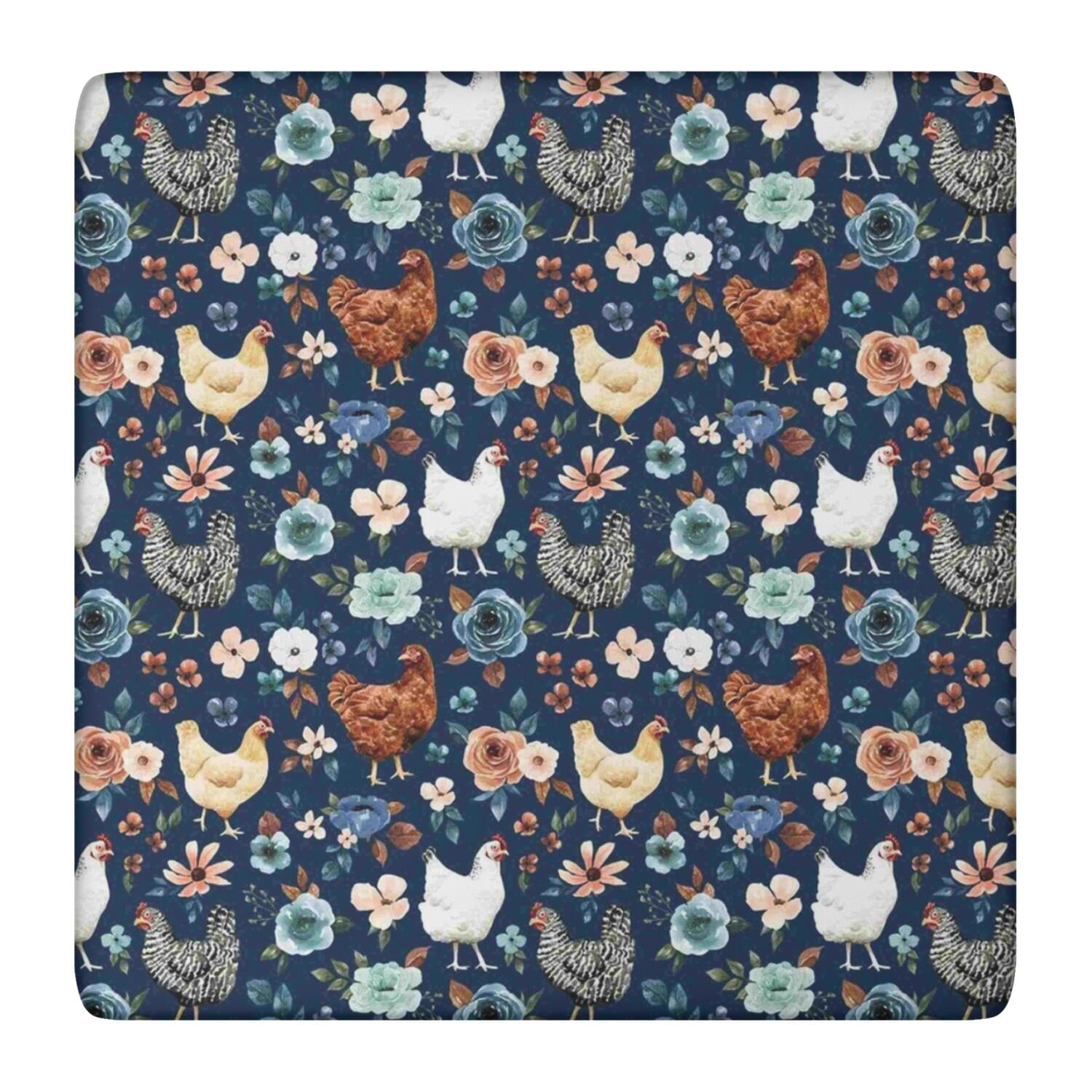 Dark Blue Chicken Floral Pattern Square Fitted Tablecloth with Elastic ...