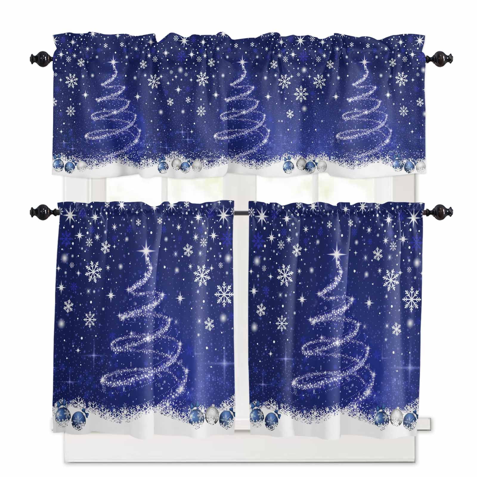 Dark Blue Christmas Kitchen Curtains and Valances Set, Shiny Star Xmas ...