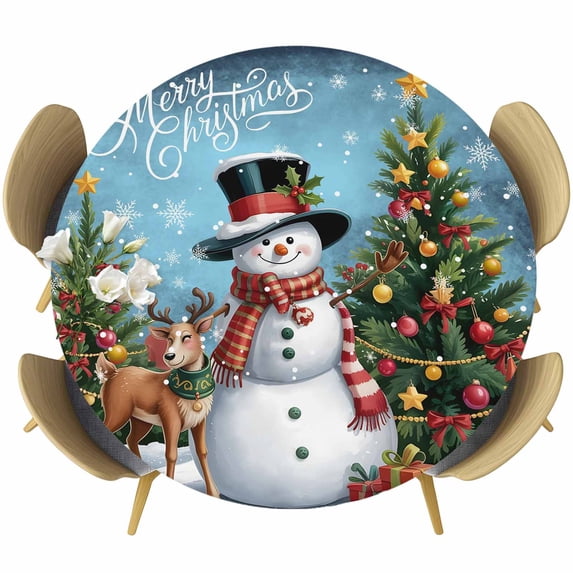 Dark Blue Christmas Round Tablecloth, Fitted Table Cover with Elastic ...