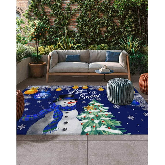 Dark Blue Christmas Snowman Outdoor Rug, Pine Tree Xmas Balls Holly ...