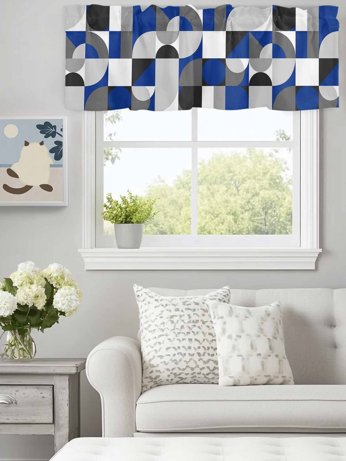 Dark Blue Color Block Mid Century Nordic Style Valances for Windows ...