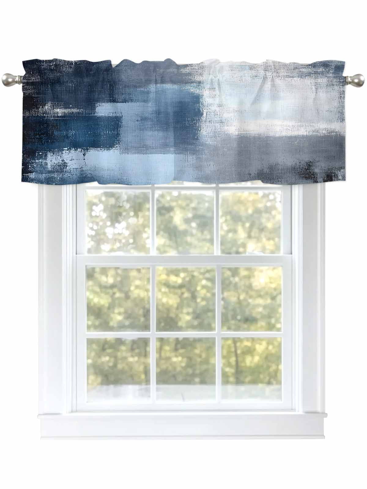 Dark Blue Color Block Valances for Windows, Rod Pocket Kitchen Valance ...