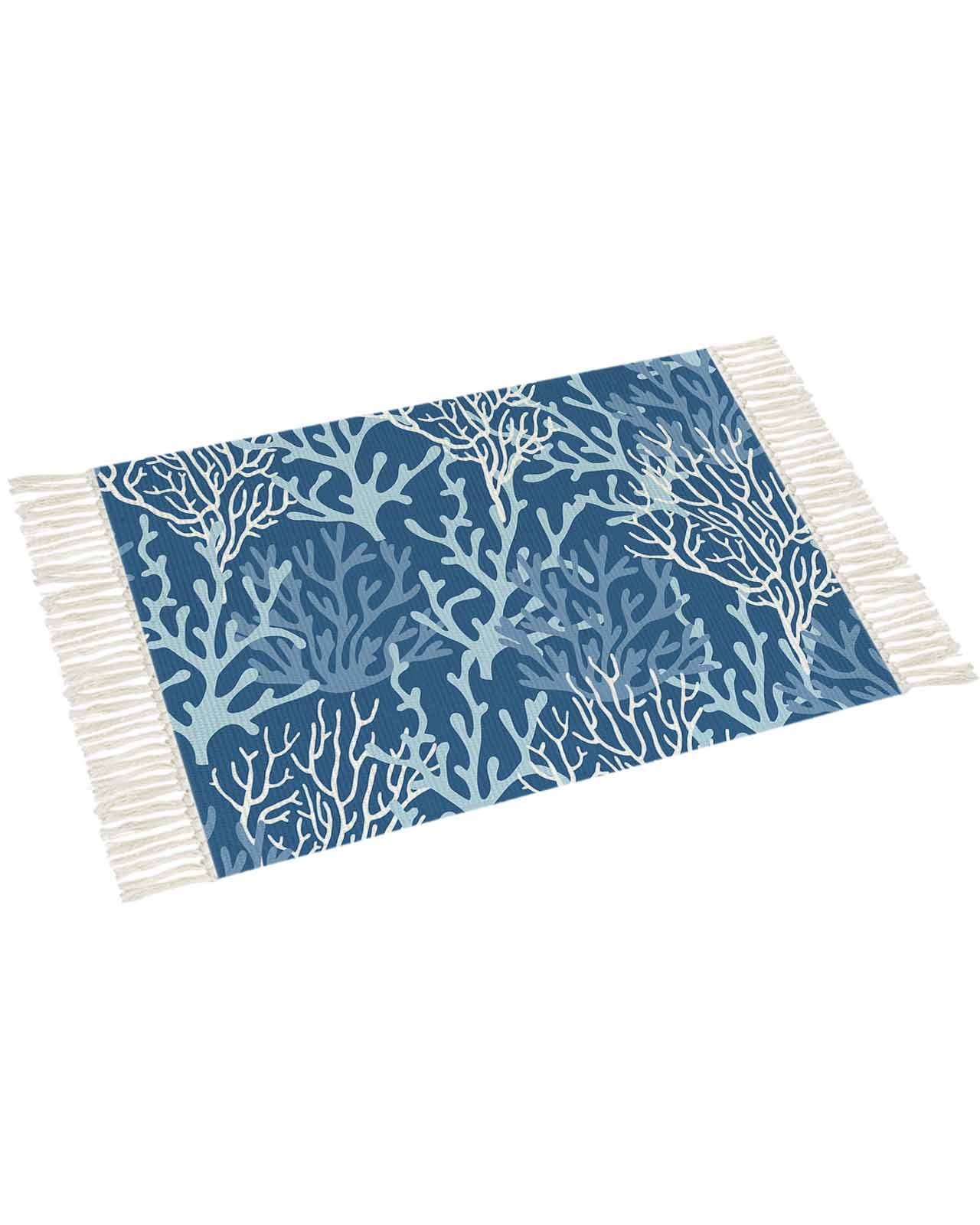 Dark Blue Coral Bathroom Rug 2'x3', Woven Cotton Area Rug with Tassels ...