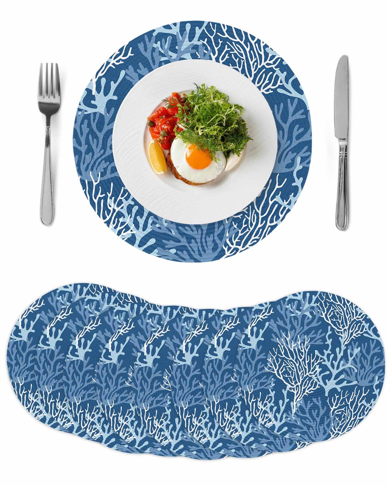 Dark Blue Coral Pattern Round Table Placemats set of 8, Summer Coastal ...
